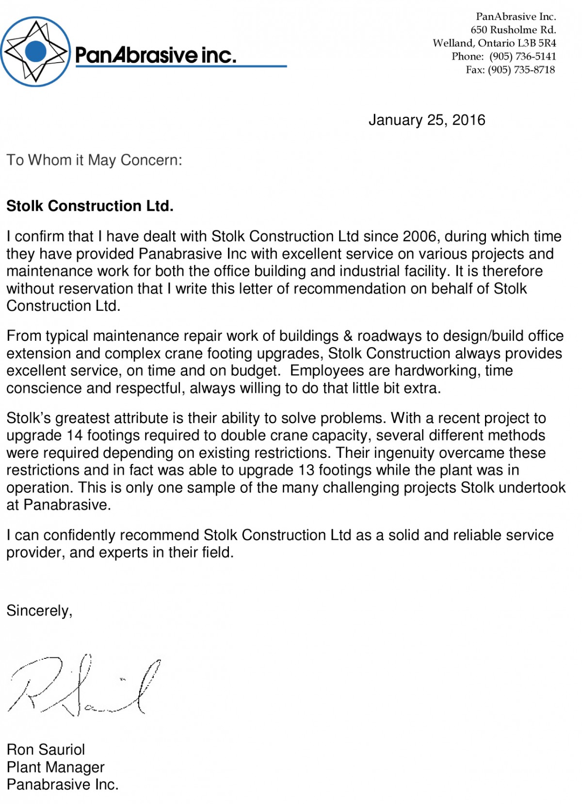 Microsoft Word - Stolk reference letter - Stolk Construction